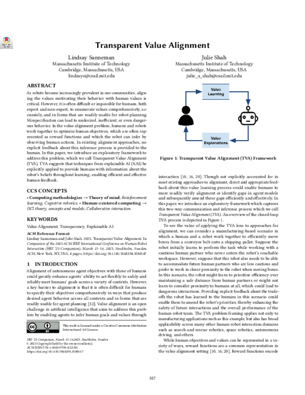 (PDF) Transparent Value Alignment for Human-Robot Collaboration