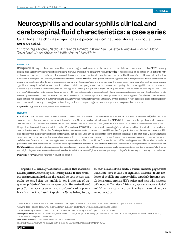 (PDF) Neurosyphilis and ocular syphilis clinical and cerebrospinal ...