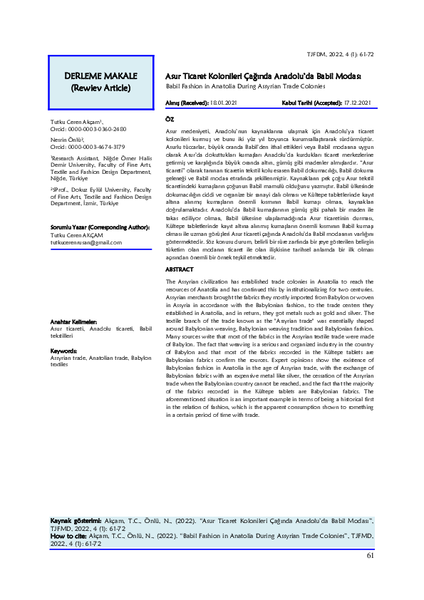 (PDF) Babil Fashion in Anatolia During Assyrian Trade Colonies