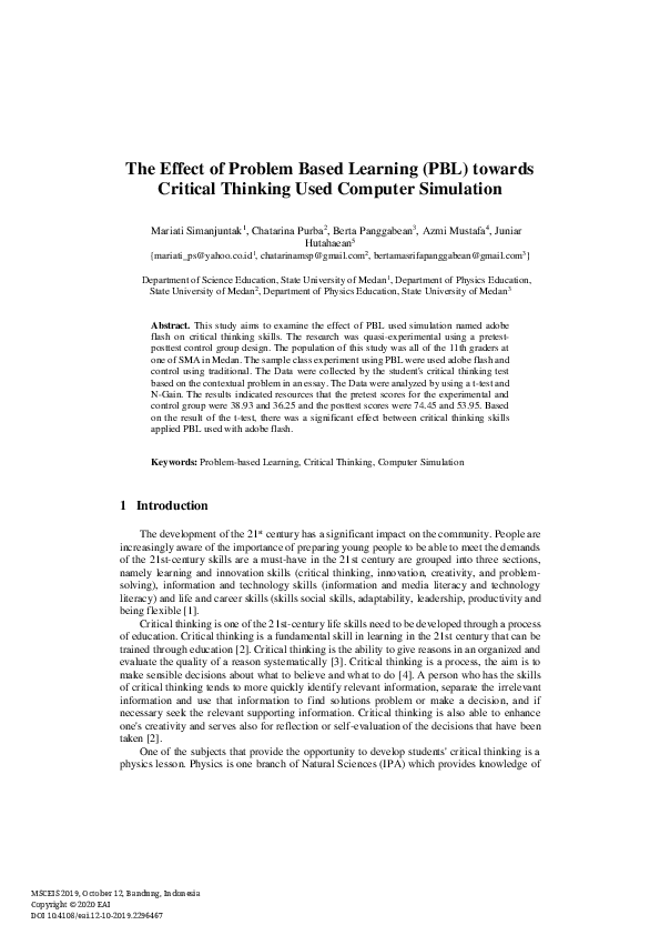 (PDF) The Effect of Problem Based Learning (PBL) towards Critical ...