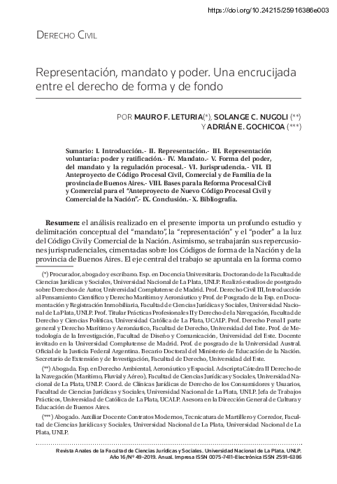 (PDF) Representación, mandato y poder. Una encrucijada entre el derecho de forma y de fondo