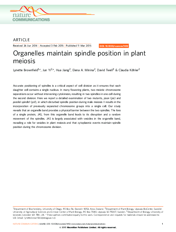 (PDF) Organelles maintain spindle position in plant meiosis