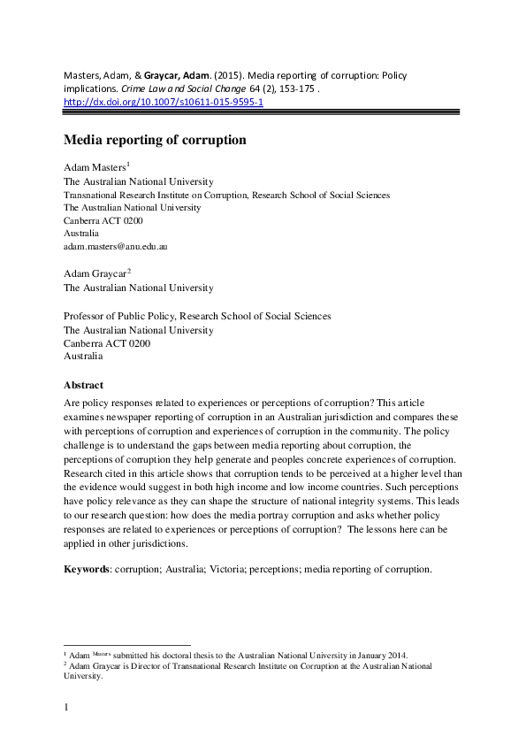 (PDF) Media reporting of corruption: policy implications