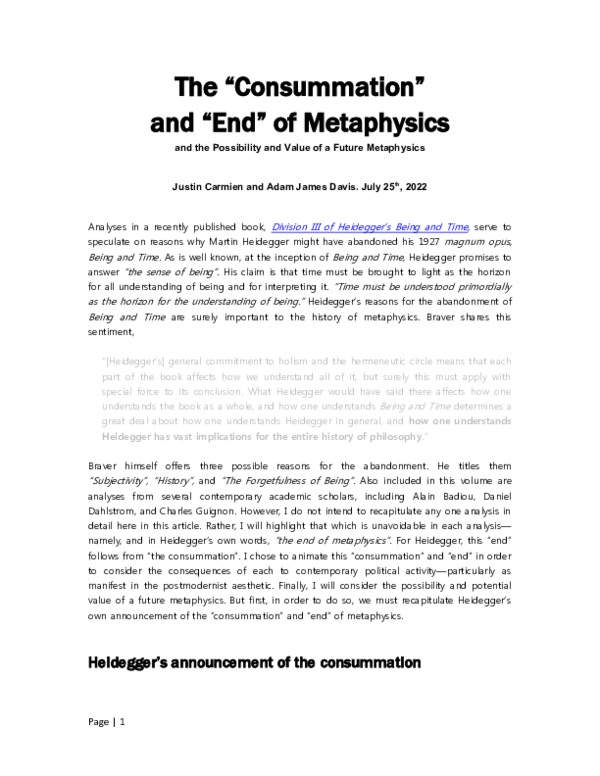 (DOC) The "Consummation" and "End" of Metaphysics and the Possibility ...