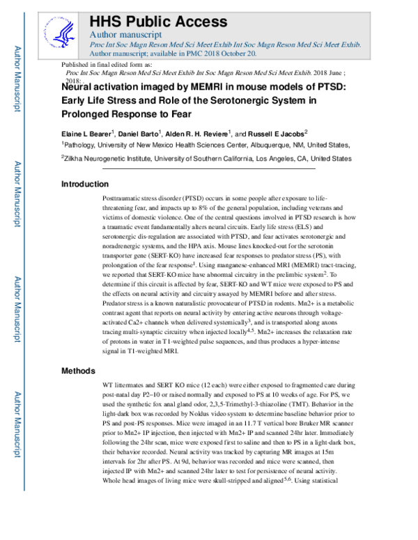 (PDF) Neural activation imaged by MEMRI in mouse models of PTSD: Early ...