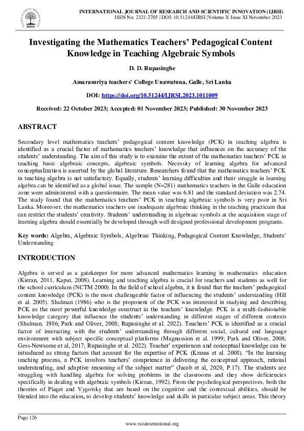 (PDF) Investigating the Mathematics Teachers' Pedagogical Content Knowledge in Teaching ...