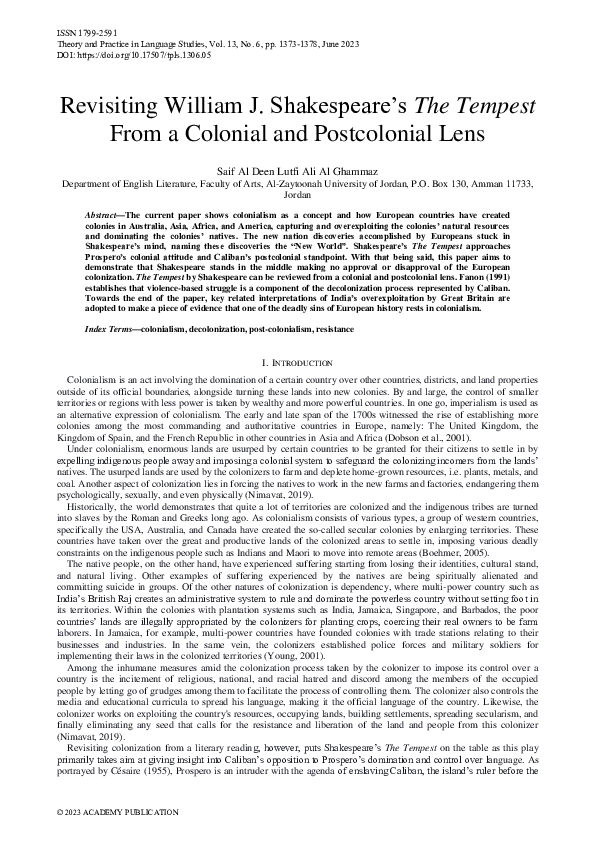 (PDF) Revisiting William J. Shakespeare’s The Tempest From a Colonial ...