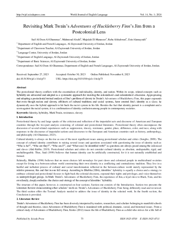 (PDF) Postcolonial Analysis of Jim in Huckleberry Finn