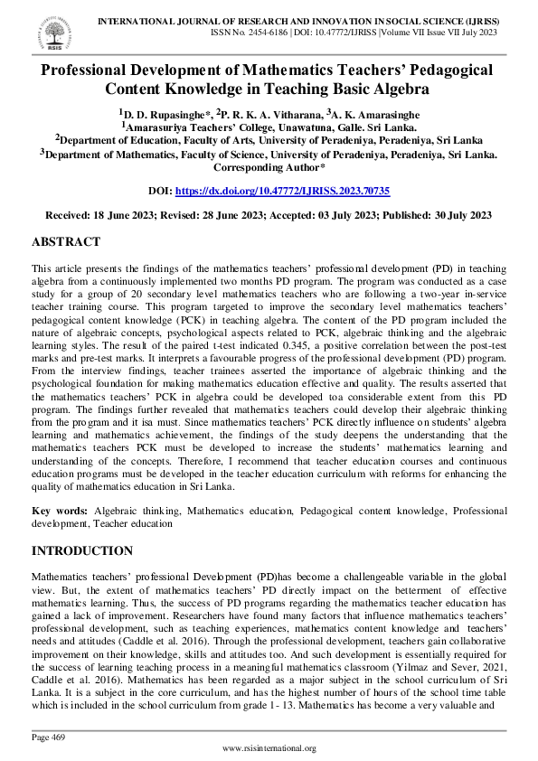 (PDF) Professional Development of Mathematics Teachers' Pedagogical Content Knowledge in ...