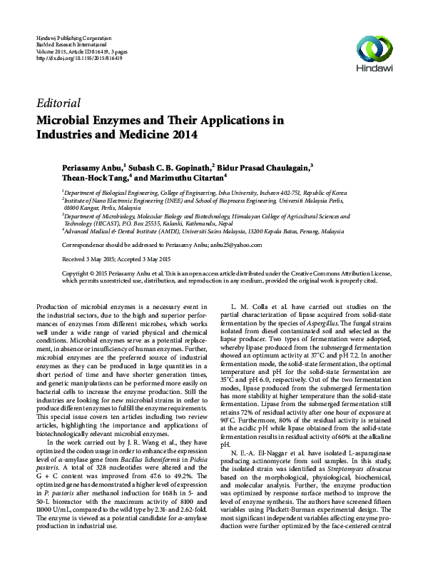 (PDF) Microbial Enzymes and Their Applications in Industries and ...