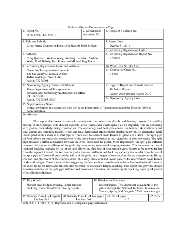 (PDF) Cross-Frame Connection Details for Skewed Steel Bridges
