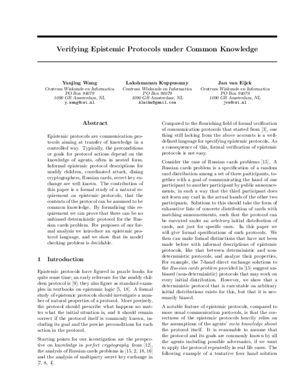 (PDF) Verifying epistemic protocols under common knowledge