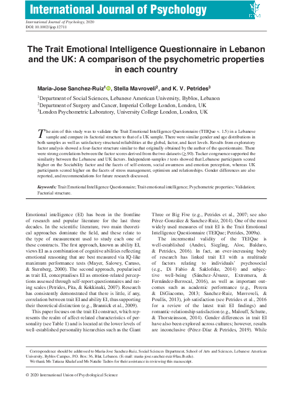 (PDF) The Trait Emotional Intelligence Questionnaire in Lebanon and the ...