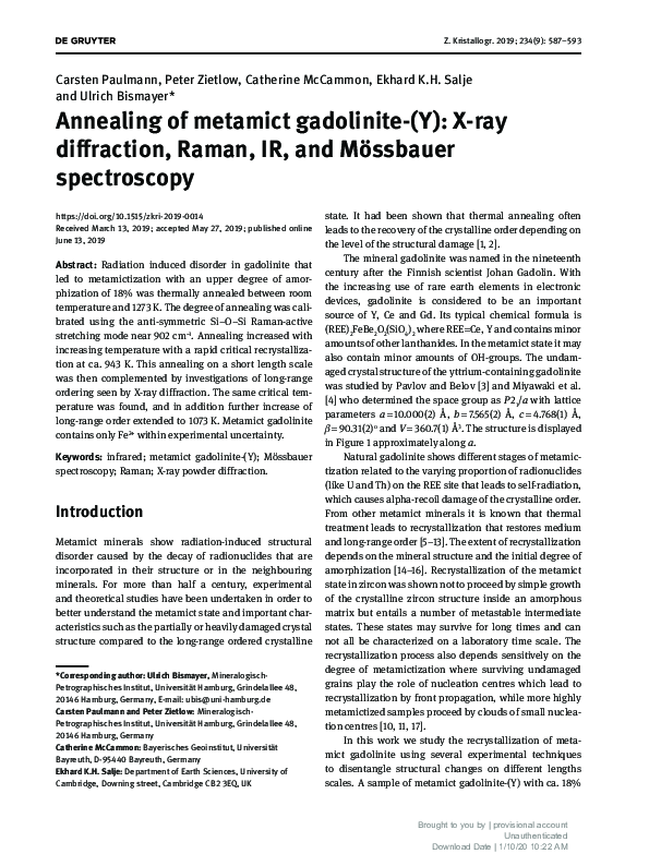 (PDF) Annealing of metamict gadolinite-(Y): X-ray diffraction, Raman ...