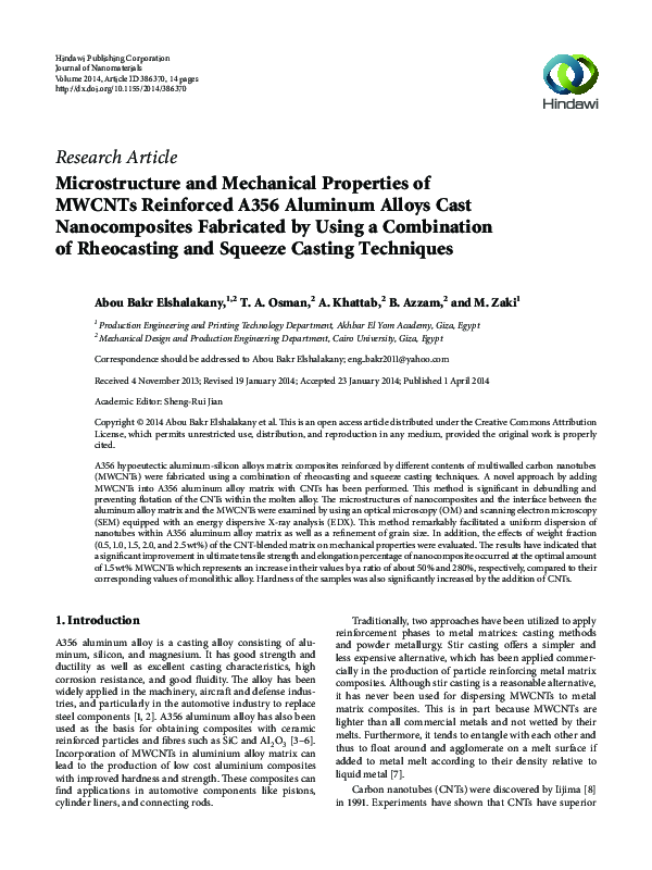 (PDF) Microstructure and Mechanical Properties of MWCNTs Reinforced A356 Aluminum Alloys Cast ...