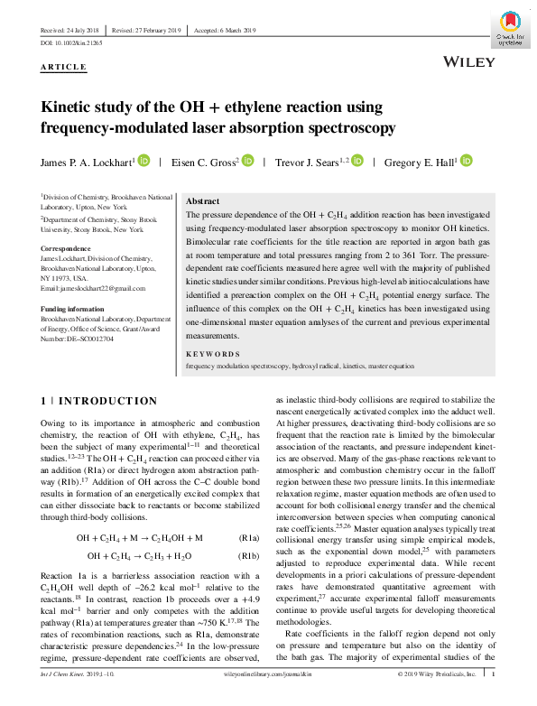 (PDF) Kinetic study of the OH + ethylene reaction using frequency ...