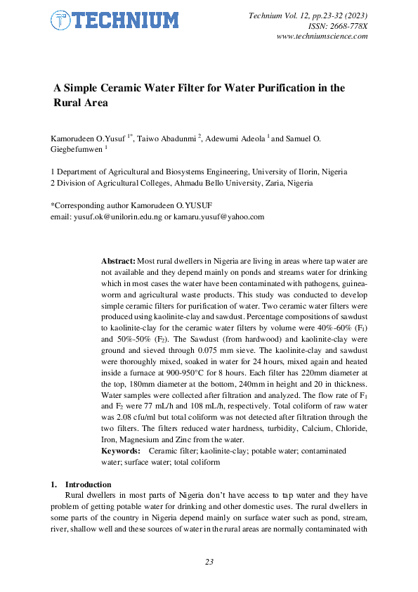 (PDF) A Simple Ceramic Water Filter for Water Purification in the Rural ...