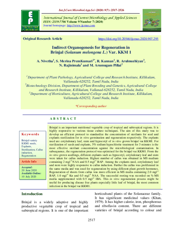 (PDF) Indirect Organogenesis for Regeneration in Brinjal (Solanum ...
