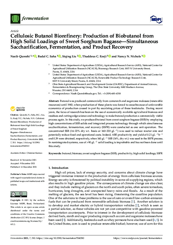 (PDF) Cellulosic Butanol Biorefinery: Production of Biobutanol from High Solid Loadings of Sweet ...