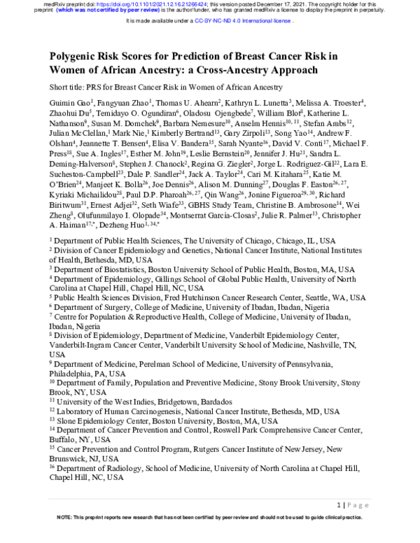 (PDF) Polygenic risk scores for prediction of breast cancer risk in ...