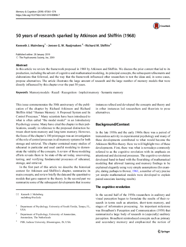 (PDF) 50 years of research sparked by Atkinson and Shiffrin (1968)