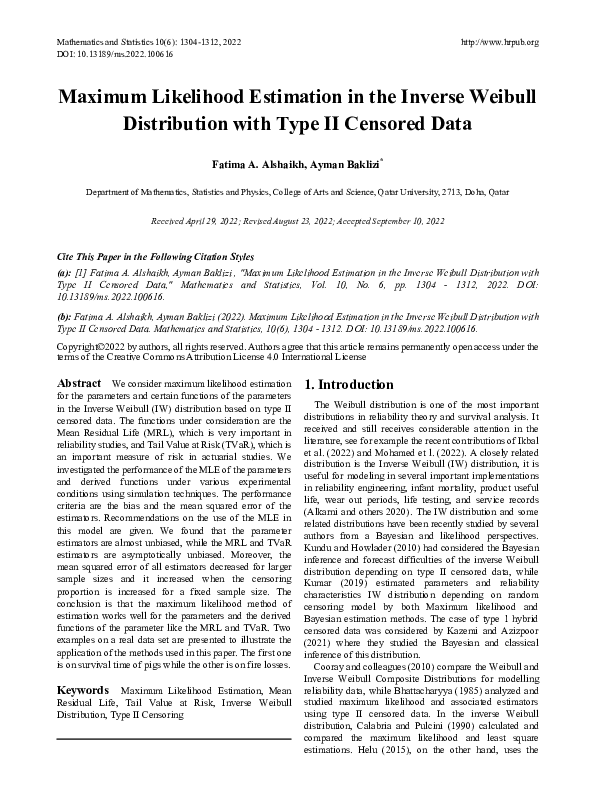 (PDF) Maximum Likelihood Estimation in the Inverse Weibull Distribution ...