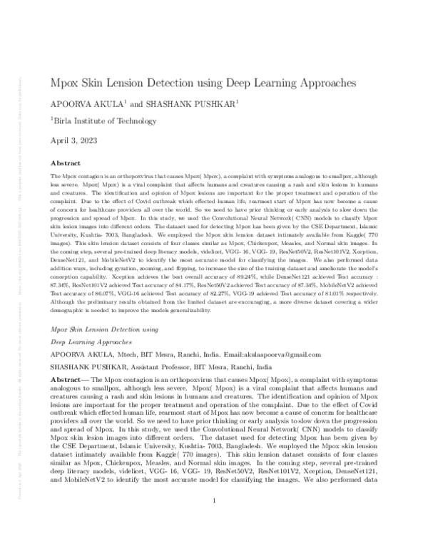 (PDF) Mpox Skin Lension Detection using Deep Learning Approaches