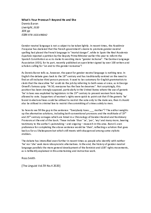 (PDF) Review of What's Your Pronoun?: Beyond He and She, by Dennis Baron