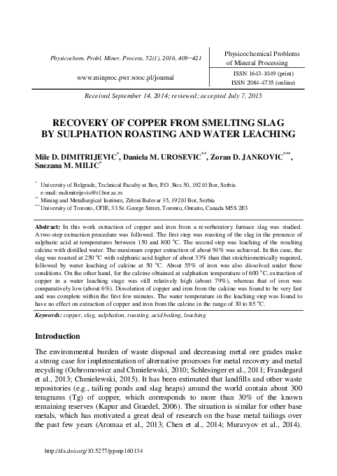 (PDF) Recovery of Copper from Smelting Slag by Sulphation Roasting and ...