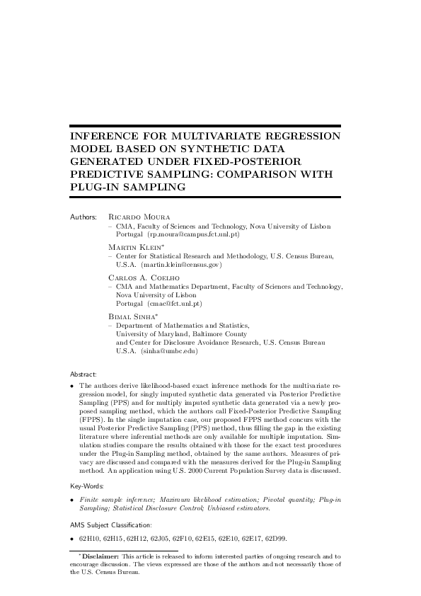 (PDF) Inference for Multivariate Regression Model based on Synthetic Data generated under Fixed ...