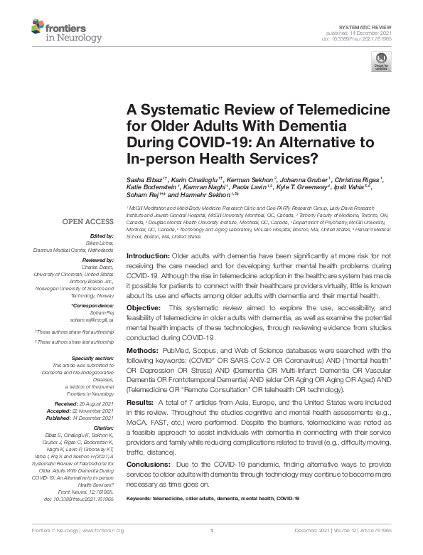 (PDF) A Systematic Review of Telemedicine for Older Adults With Dementia During COVID-19: An ...