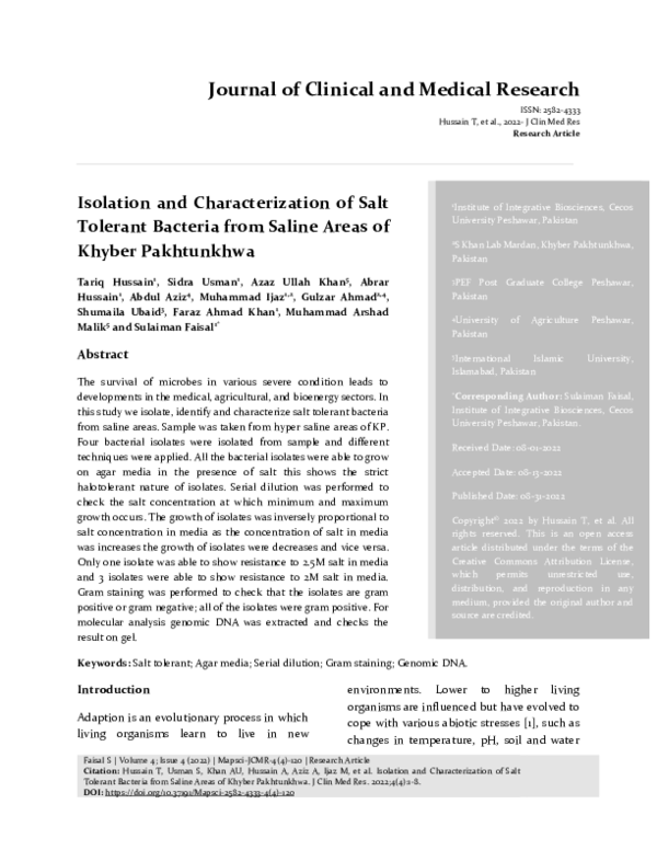 (PDF) Isolation and Characterization of Salt Tolerant Bacteria from ...