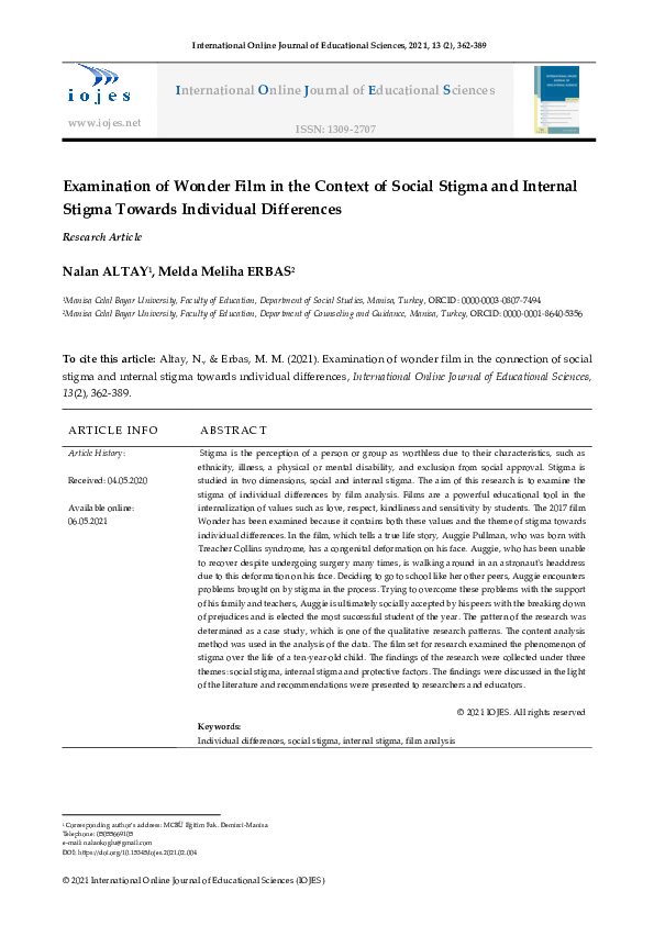 (PDF) Examination of Wonder Film in the Context of Social Stigma and ...