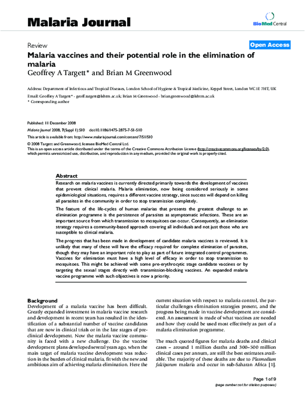 (PDF) Malaria vaccines and their potential role in the elimination of ...