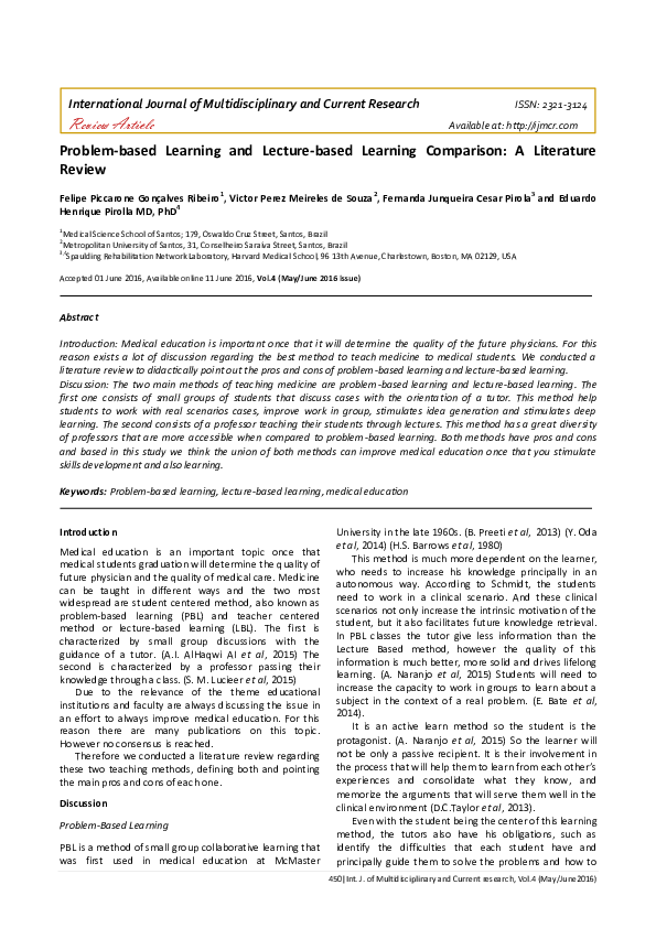 (PDF) Problem-based Learning and Lecture-based Learning Comparison: A Literature Review