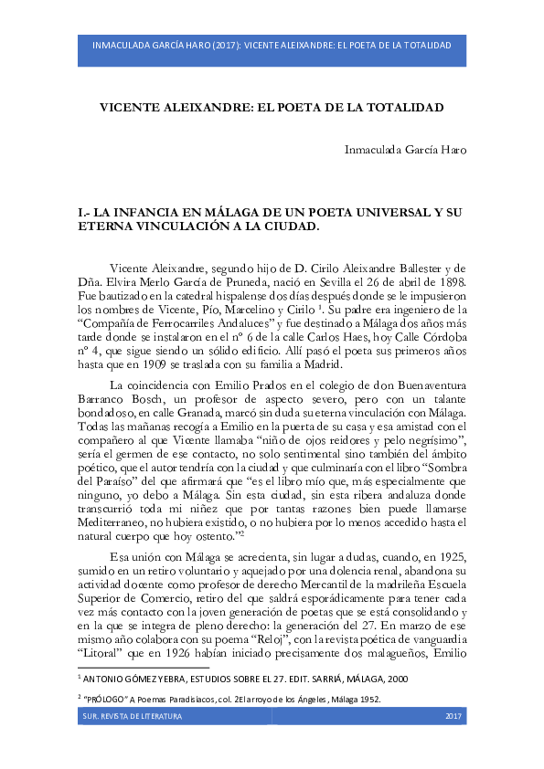 (PDF) Vicente Aleixandre: el poeta de la totalidad