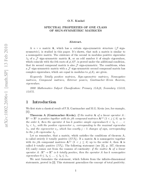 Pdf Spectral Properties Of One Class Of Sign Symmetric Matrices