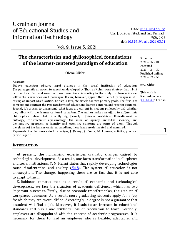 (PDF) The characteristics and philosophical foundations of the learner-centered paradigm of ...
