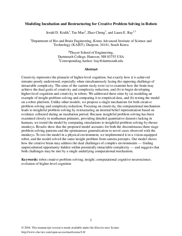 (PDF) Modeling incubation and restructuring for creative problem solving in robots