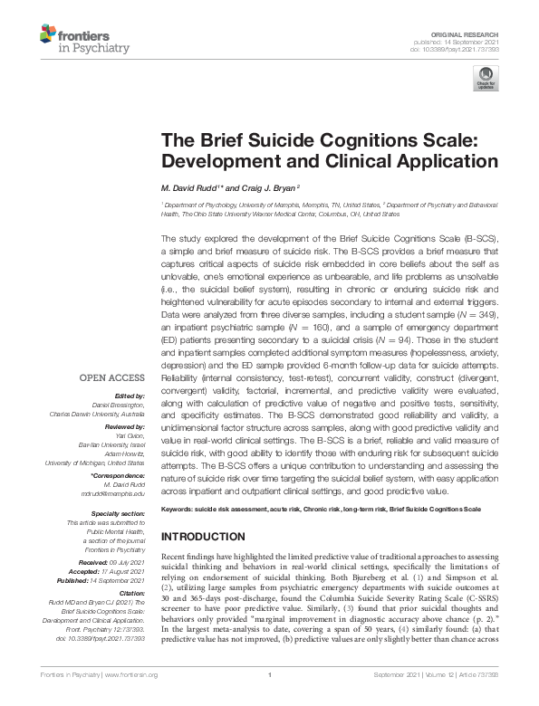 Pdf The Brief Suicide Cognitions Scale Development And Clinical Application