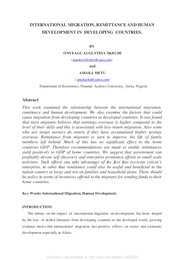 (PDF) International Migration, Remittance and Human Capital Development in Developing Countries