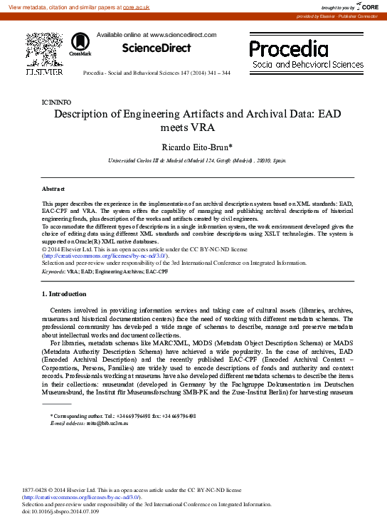 (PDF) Description of Engineering Artifacts and Archival Data: EAD meets VRA