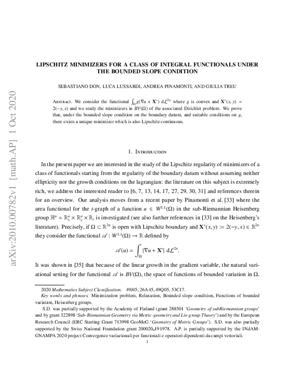 (PDF) Lipschitz minimizers for a class of integral functionals under the bounded slope condition