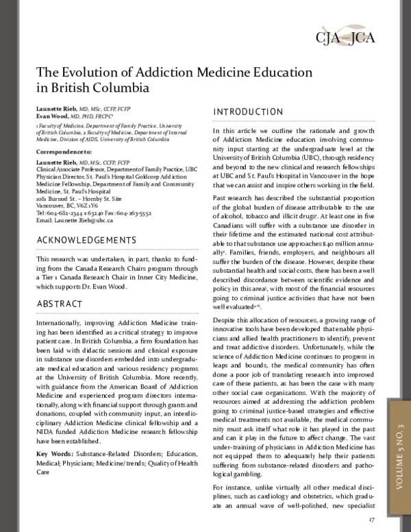 (PDF) The Evolution of Addiction Medicine Education in British Columbia ...