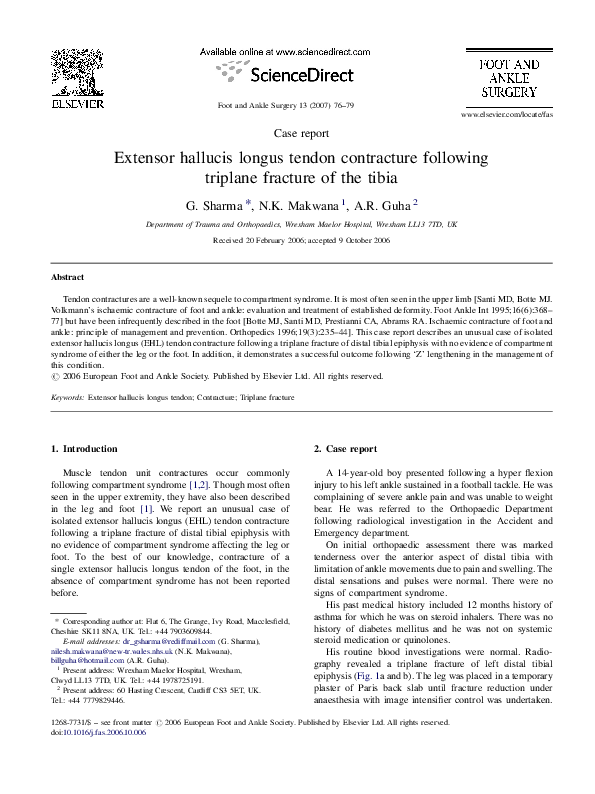 (PDF) Extensor hallucis longus tendon contracture following triplane ...