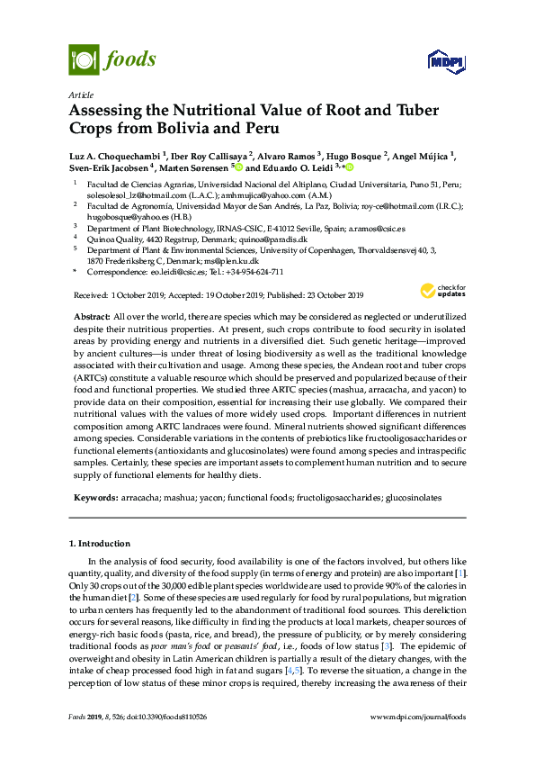 (PDF) Assessing the Nutritional Value of Root and Tuber Crops from Bolivia and Peru | Hugo ...