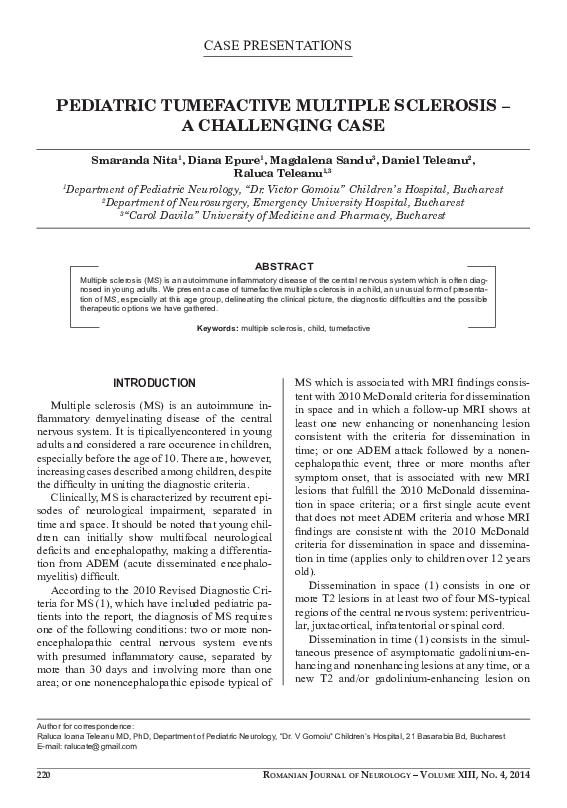 (PDF) Pediatric tumefactive multiple sclerosis - a challenging case