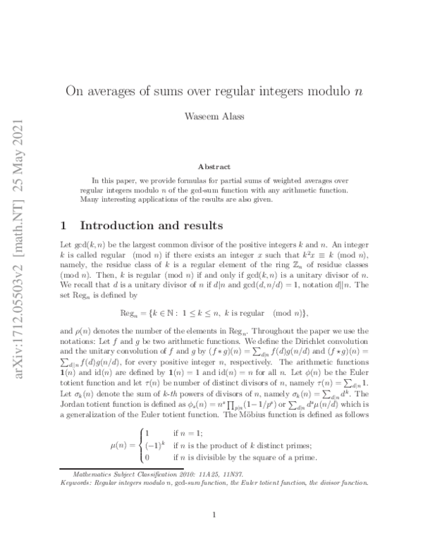 (PDF) On averages of sums over regular integers modulo $n$