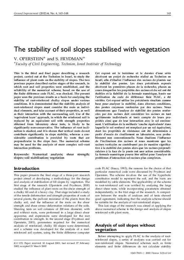 (PDF) The stability of soil slopes stabilised with vegetation