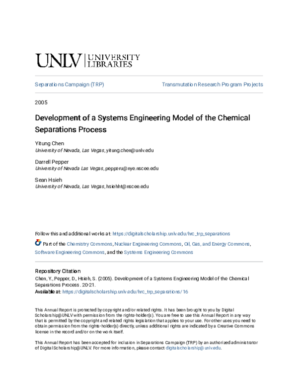 (PDF) Development of a Systems Engineering Model of the Chemical Separations Process